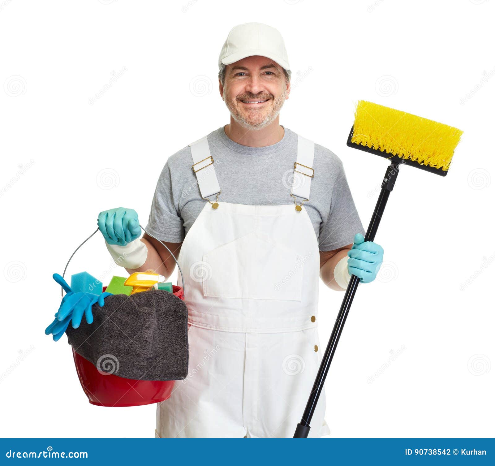 Cleaner man with broom stock photo. Image of broom, happy - 90738542