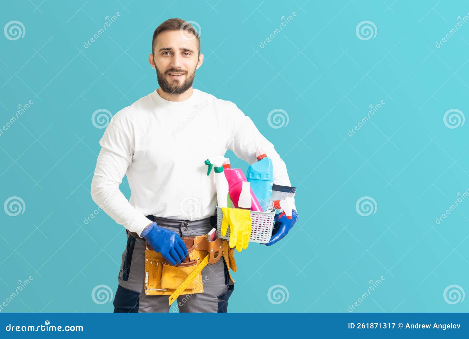 Cleaner Worker in Gloves with Detergents. Stock Image - Image of ...