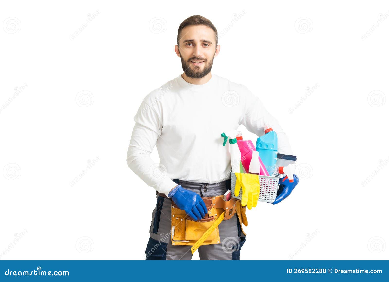 Cleaner Worker in Gloves with Detergents. Stock Photo - Image of ...