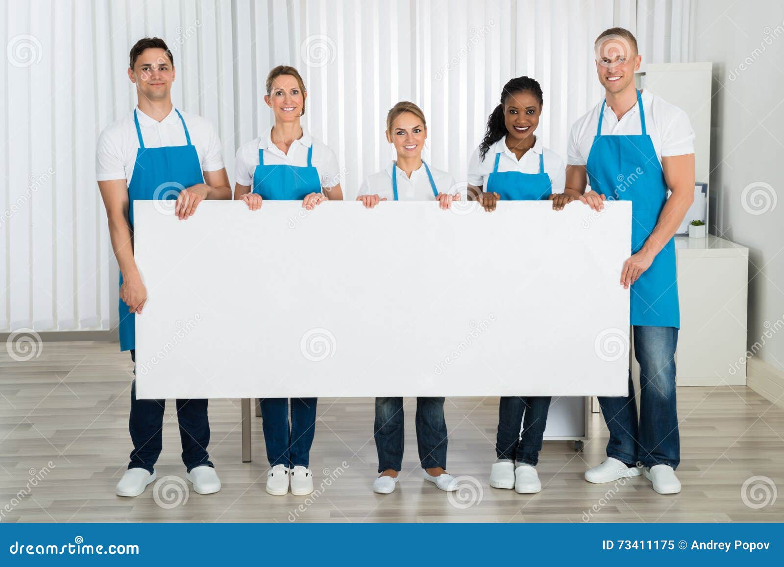 Cleaners Holding Banner in Office Stock Image - Image of diverse, black ...