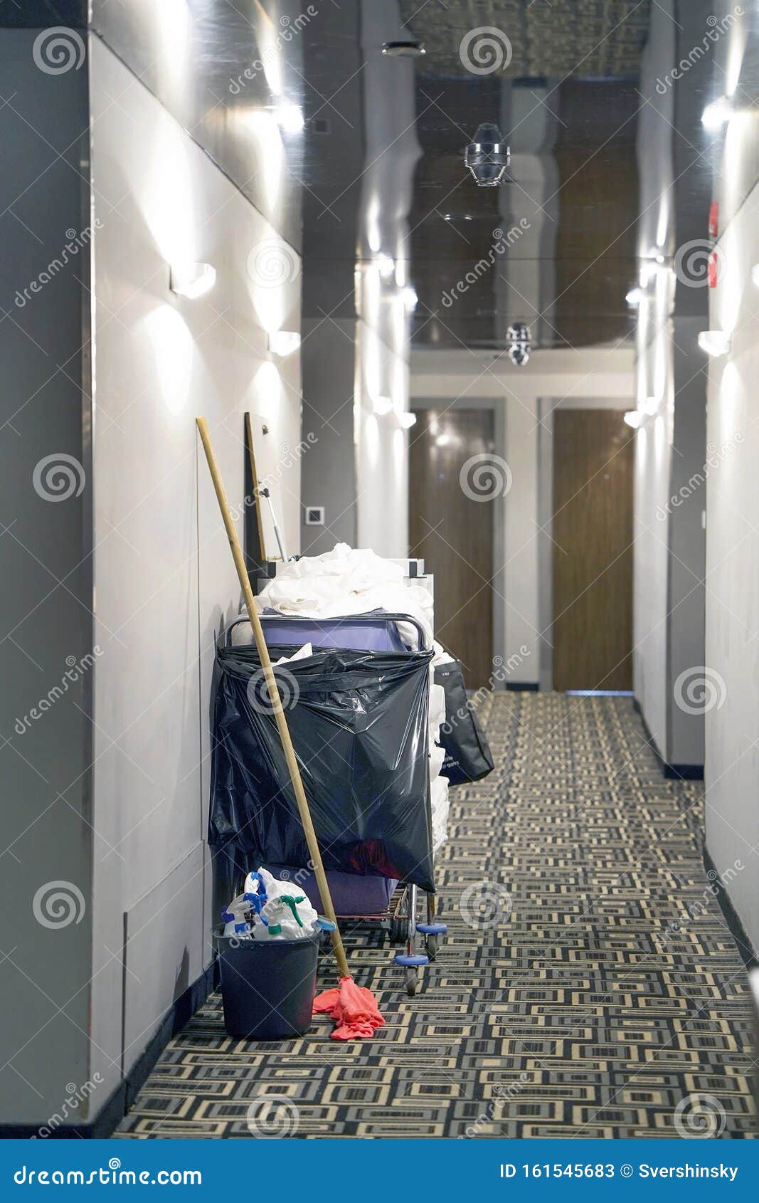 Cleaners trolley at hotel stock image. Image of equipment - 161545683