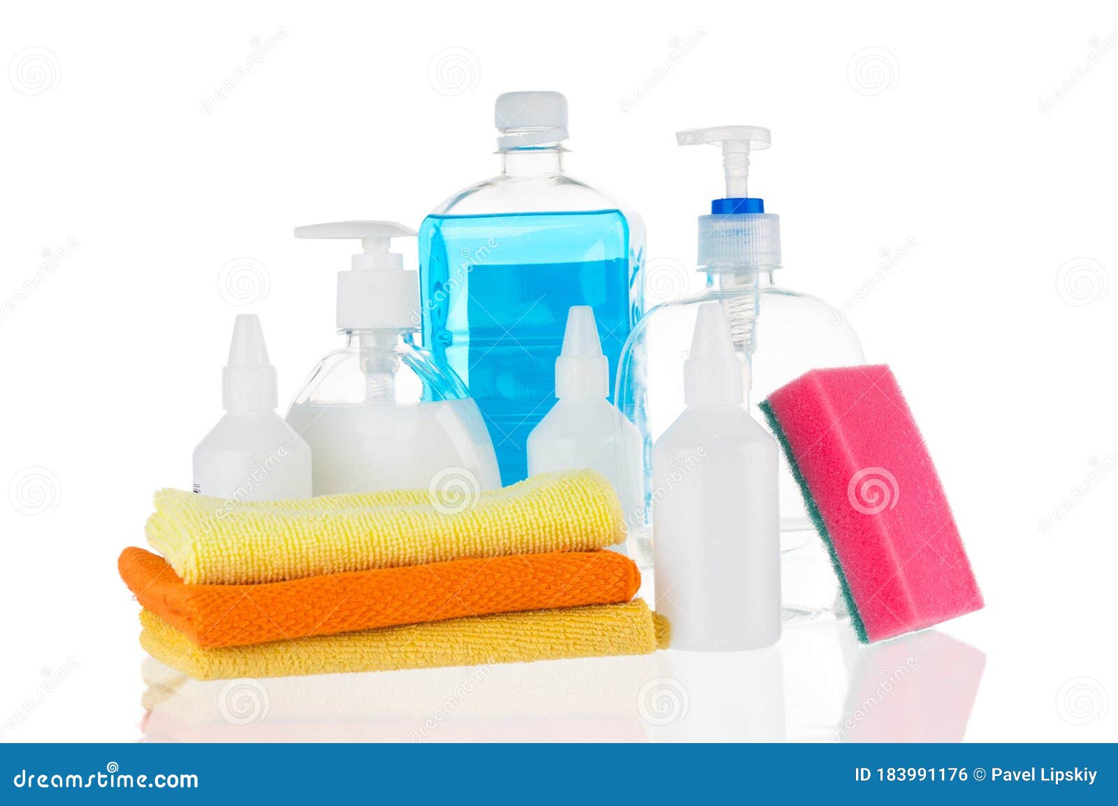 Cleaning Antiseptic Products and Tools on White Background Stock Photo ...