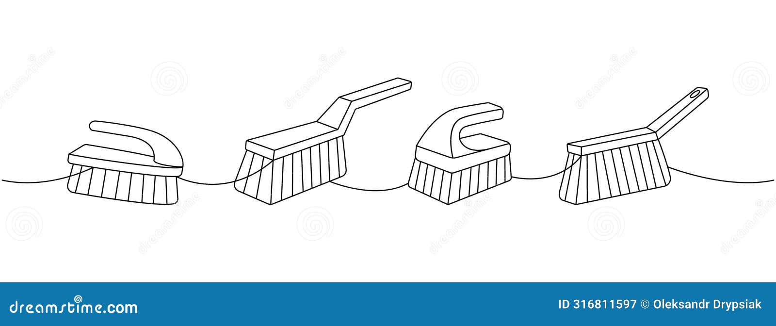 Cleaning Brushes One Line Continuous Drawing. Housekeeping Tools ...