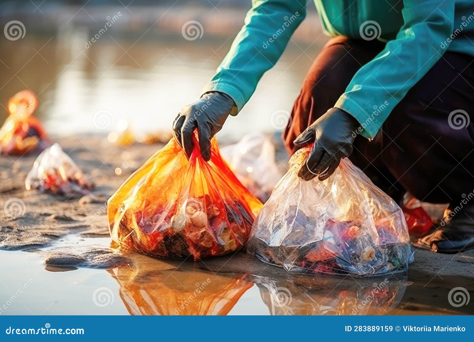 Cleaning the Coast: Man S Hands Gather Trash for Recycling Stock Image ...