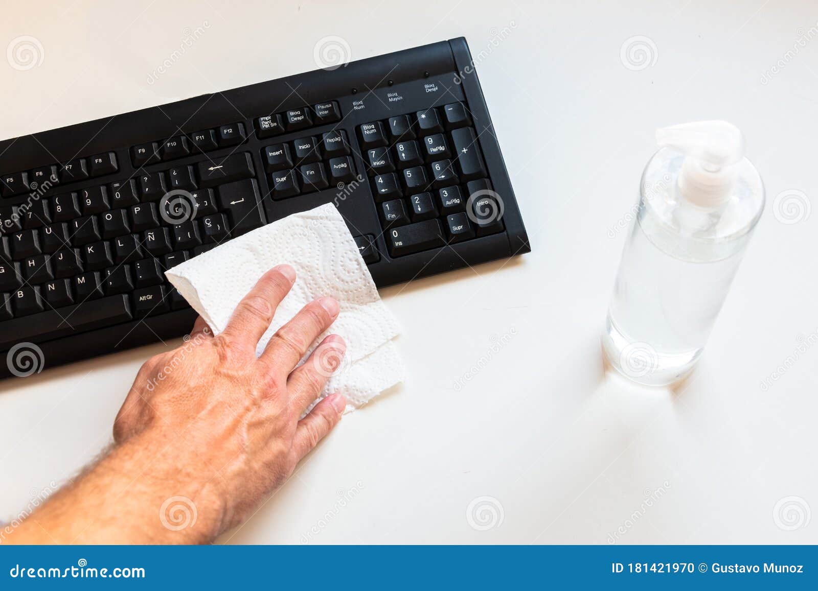 Cleaning the Computer Keyboard with Antiseptic Gel and a Cloth before ...