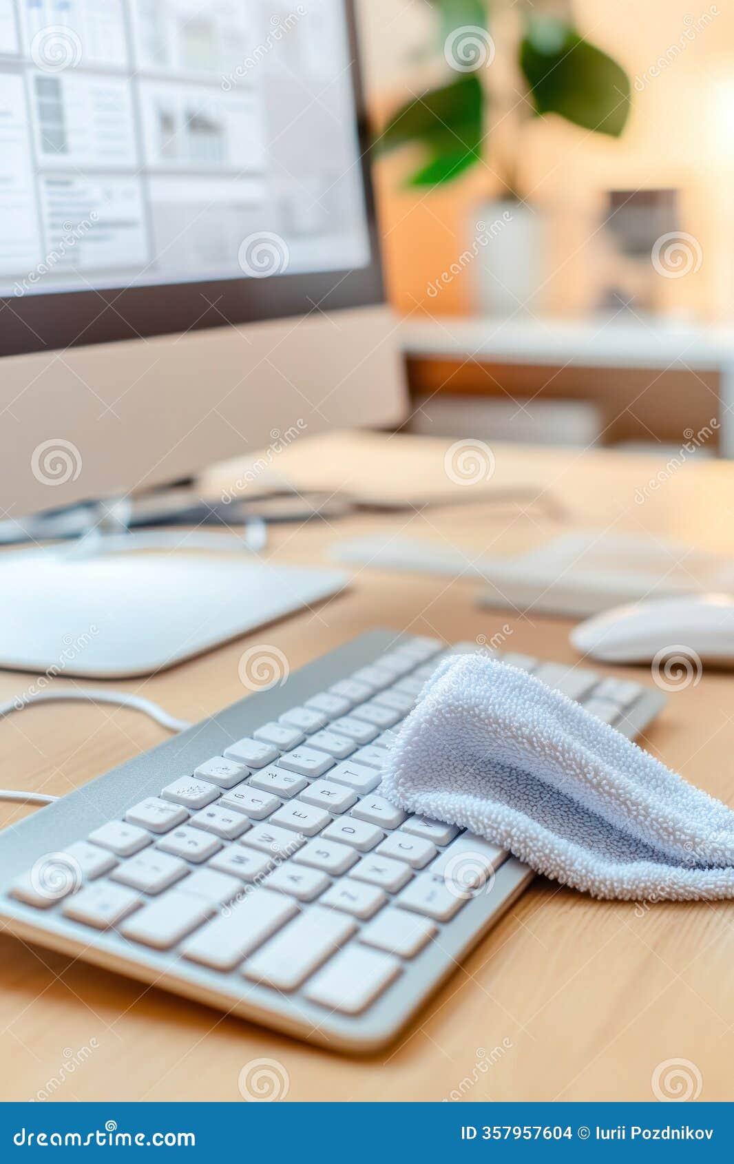 Cleaning Computer Keyboard with Microfiber Cloth on Wooden Desk Stock ...
