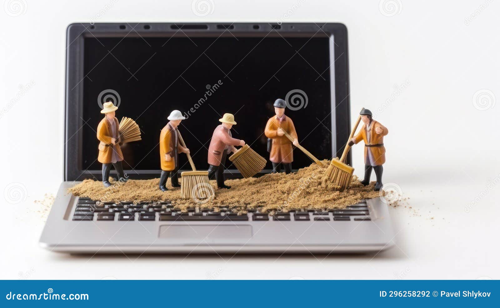 Cleaning the Computer. Team of Workers Sweeps Debris Out of Laptop ...