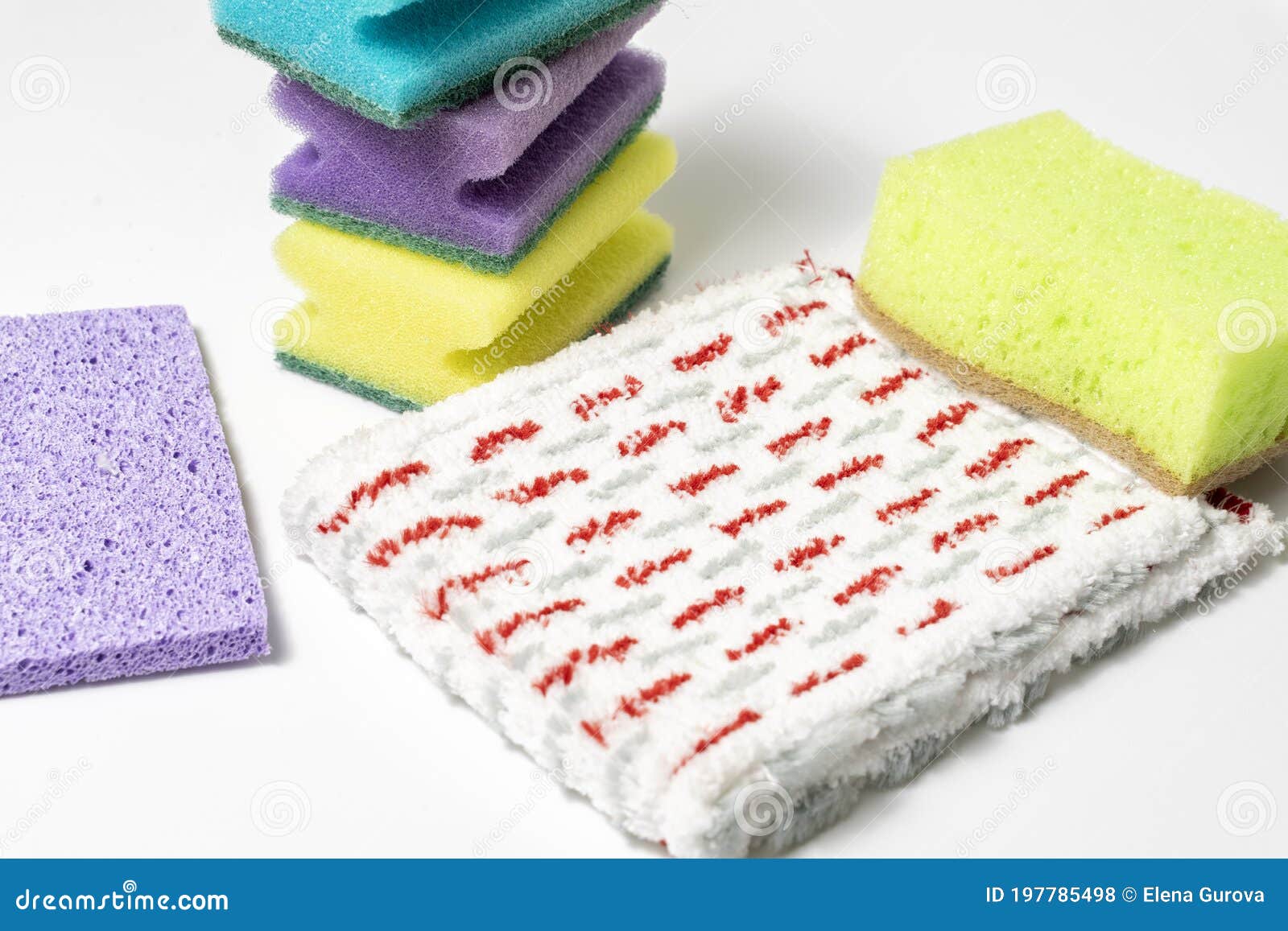 Cleaning Concept. Sponges, Rags and Cleaning Products Stock Photo ...