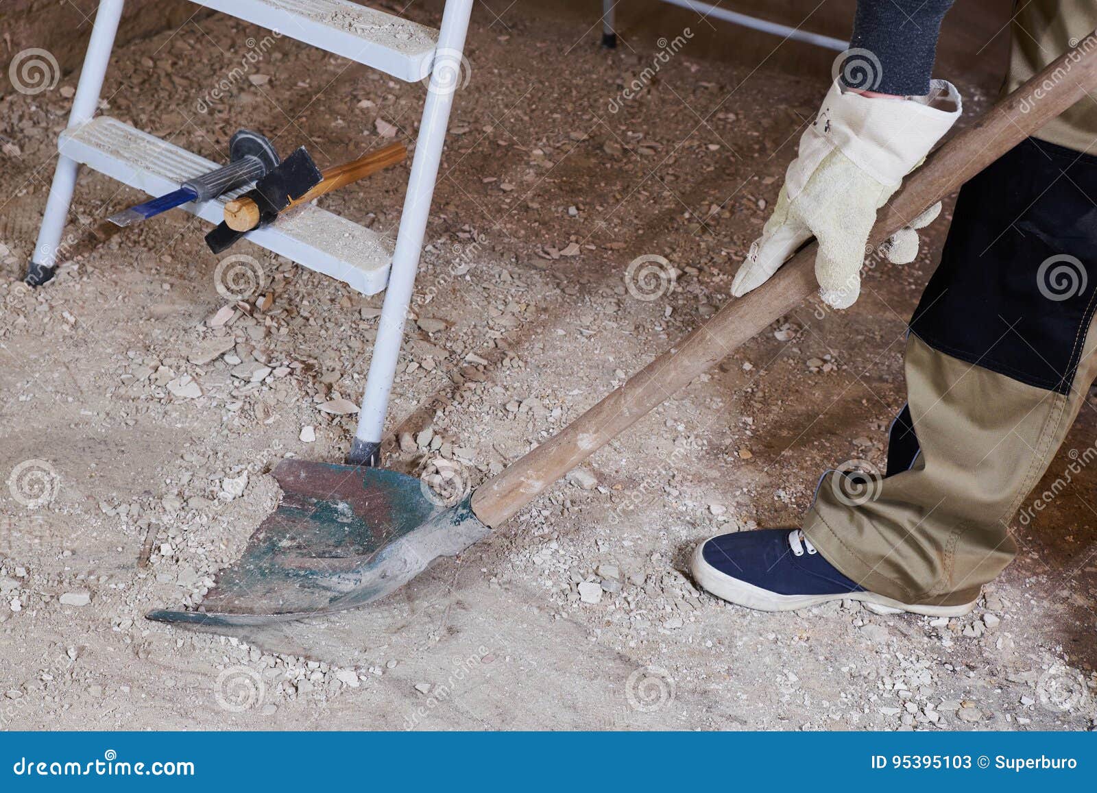 Cleaning Construstion Rubble with Spade Stock Image - Image of rubble ...