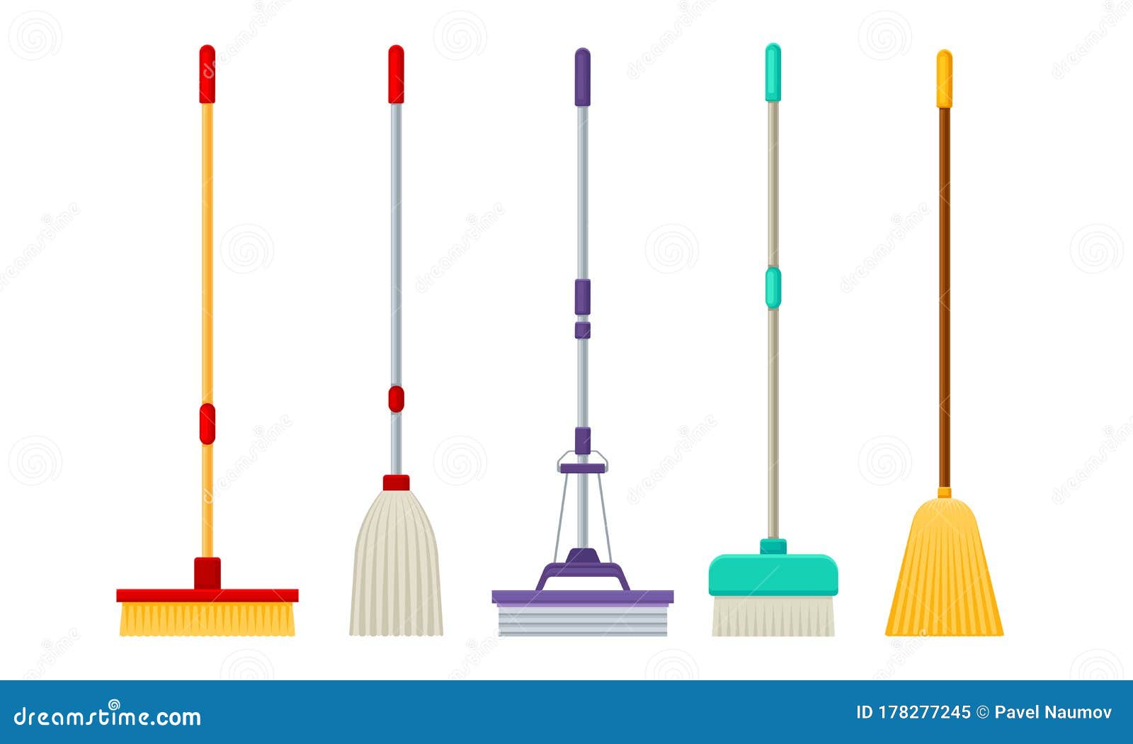 Cleaning Equipment with Different Mops and Brooms Vector Set Stock ...