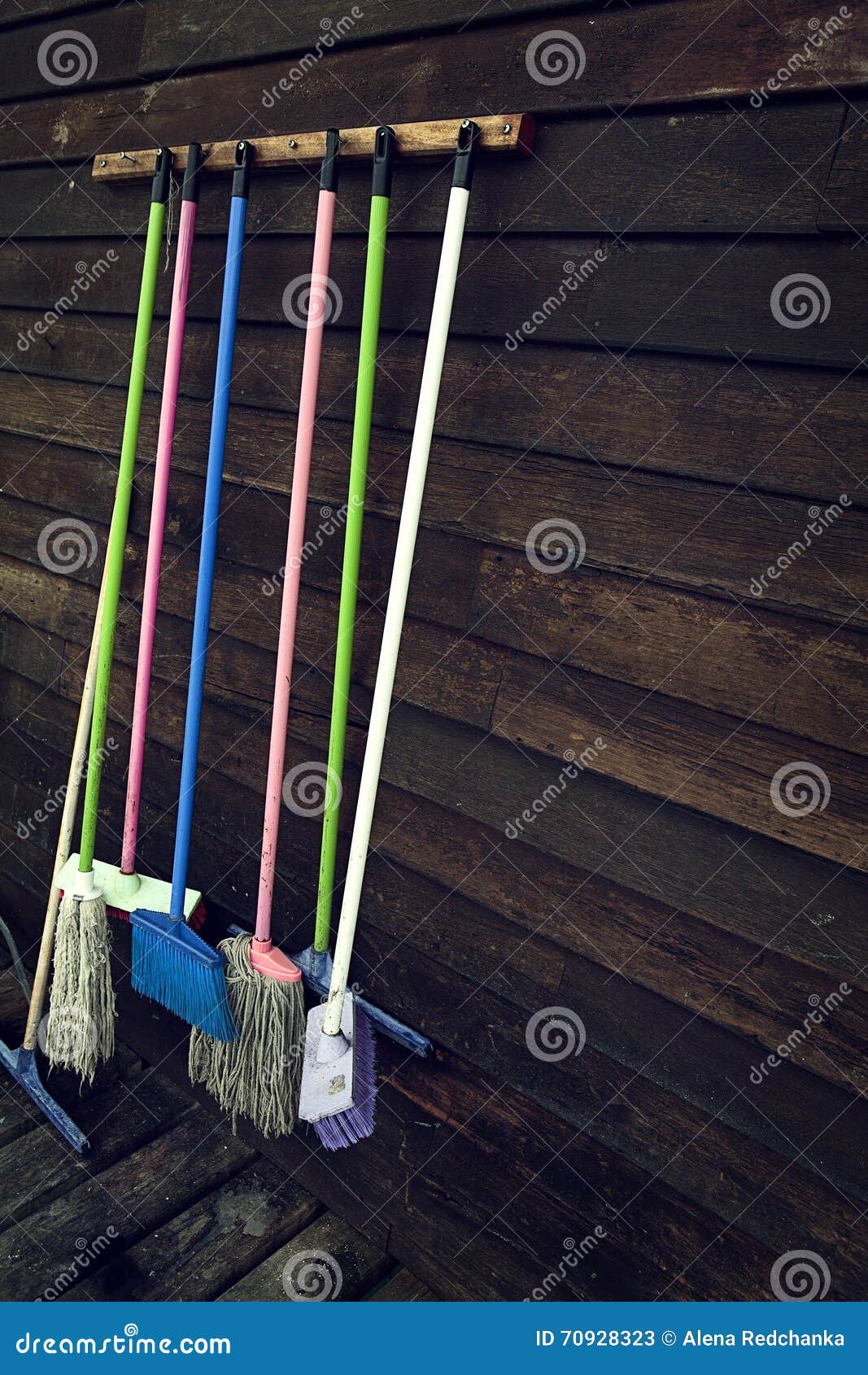 Cleaning Equipment on a Wooden Wall Stock Image - Image of cleanser ...