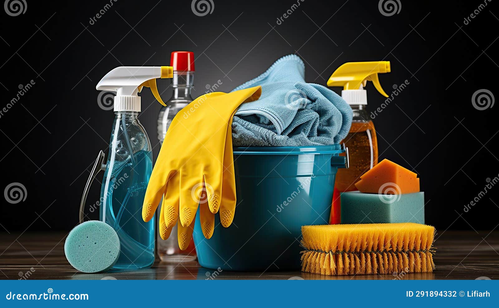 Cleaning Essentials. Plastic Bottles, Sponges, and Gloves in a Bucket ...