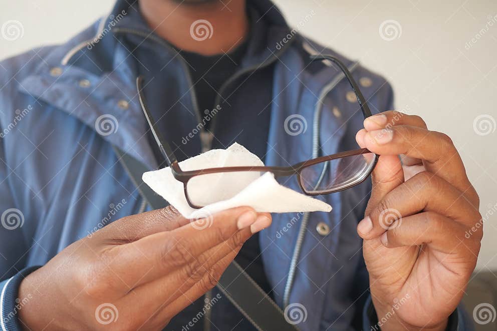 Cleaning Eyeglass with Tissue Close Up Stock Photo - Image of read ...