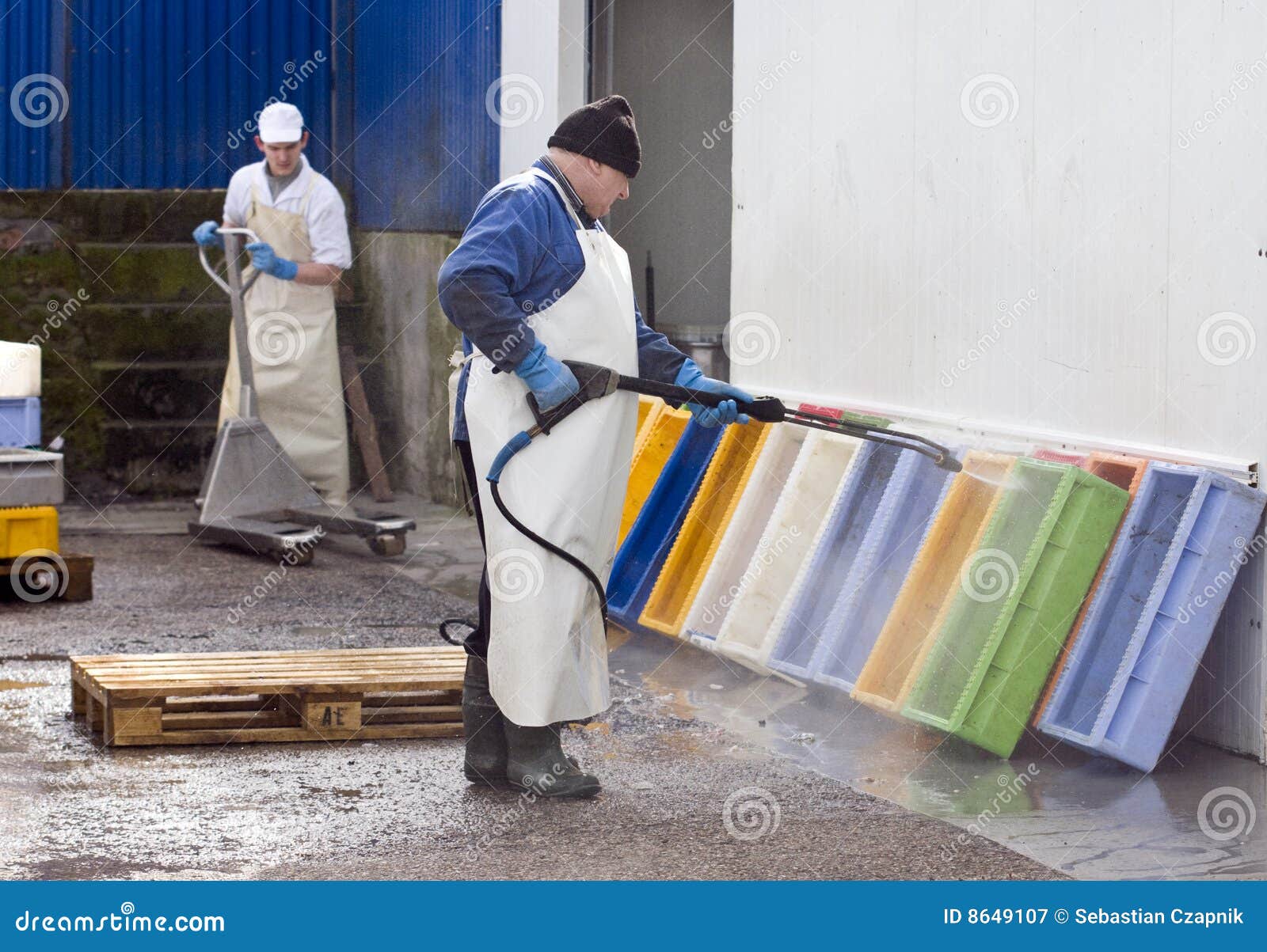Cleaning fish containers stock image. Image of worker - 8649107