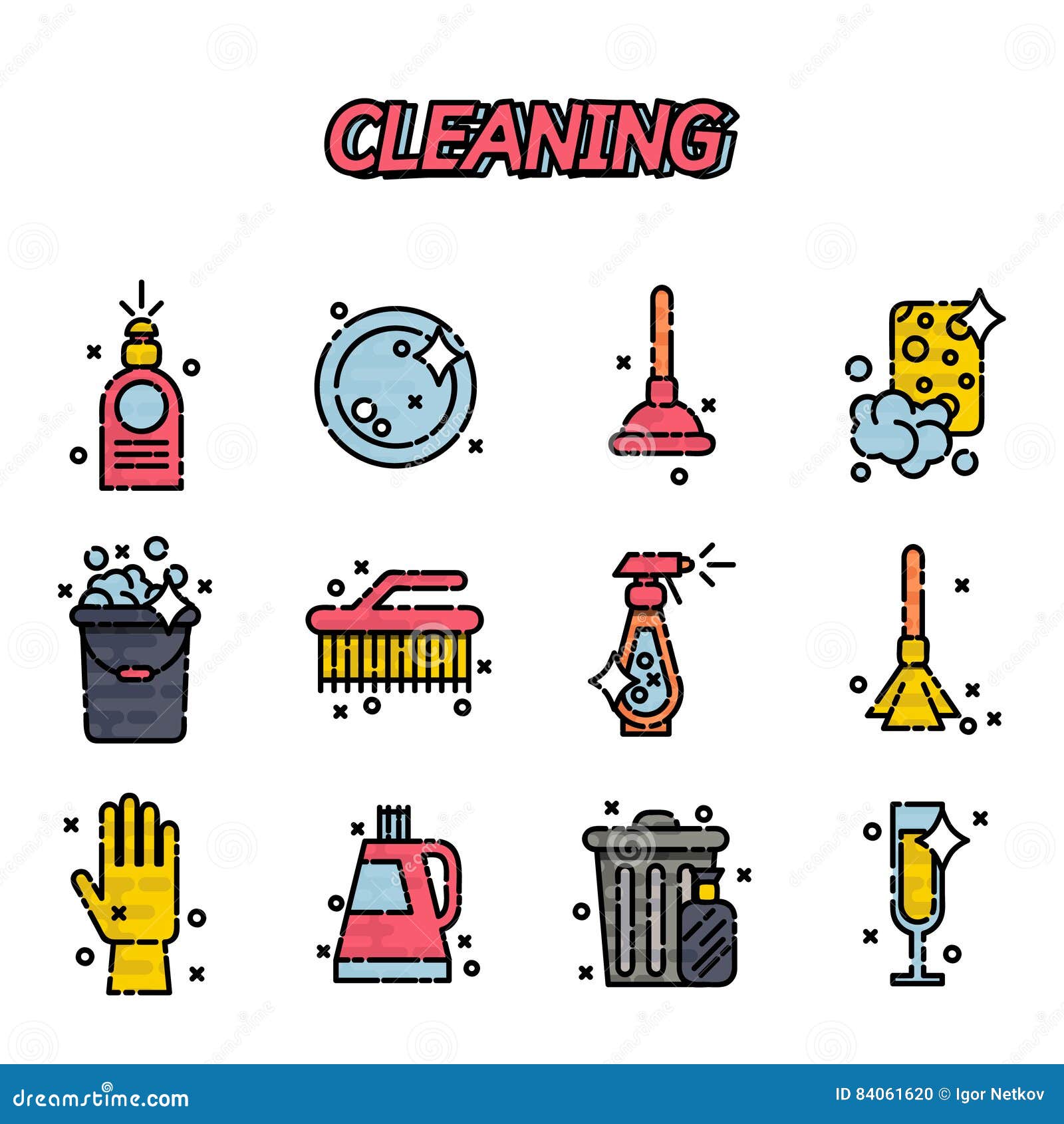 Cleaning flat icons set stock vector. Illustration of domestic - 84061620