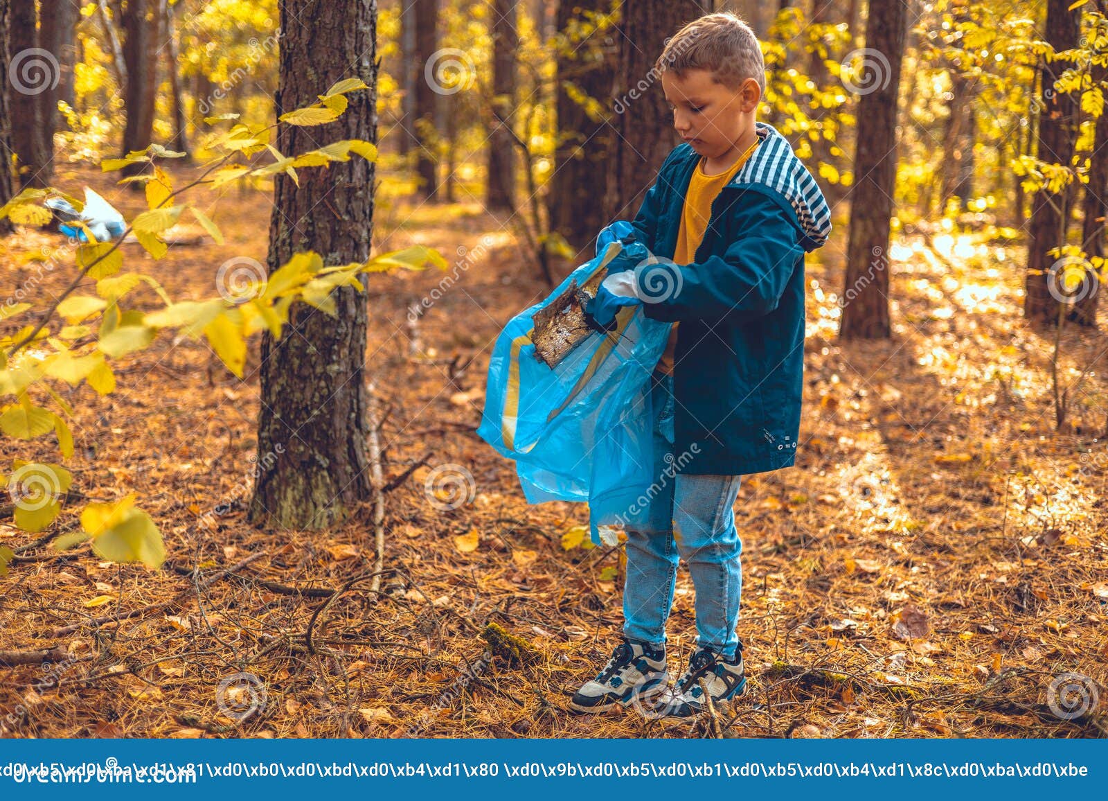 Cleaning the Forest from Garbage Waste. a Child with a Garbage Bag ...