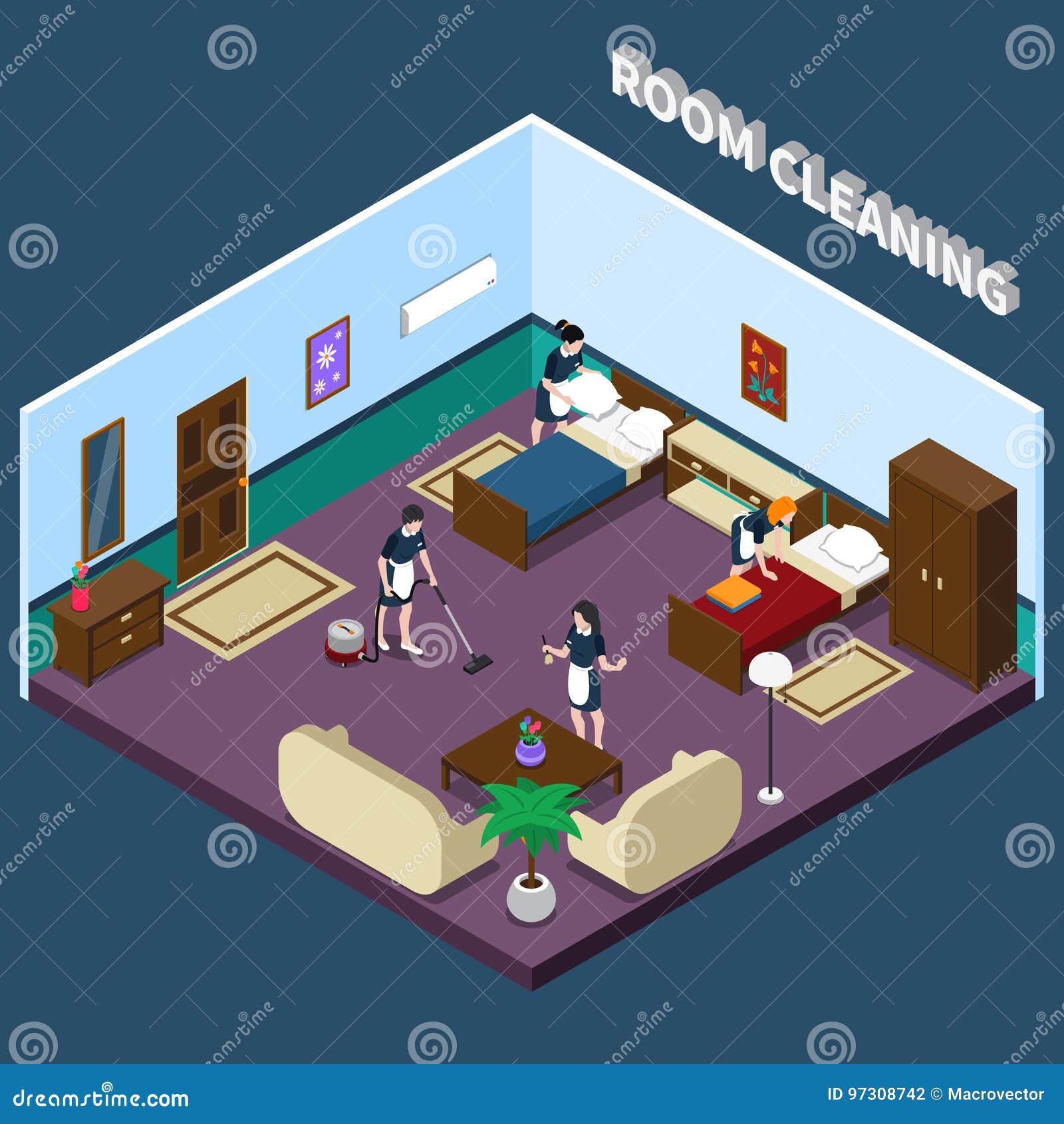 Cleaning Hotel Room Isometric Design Stock Vector - Illustration of ...