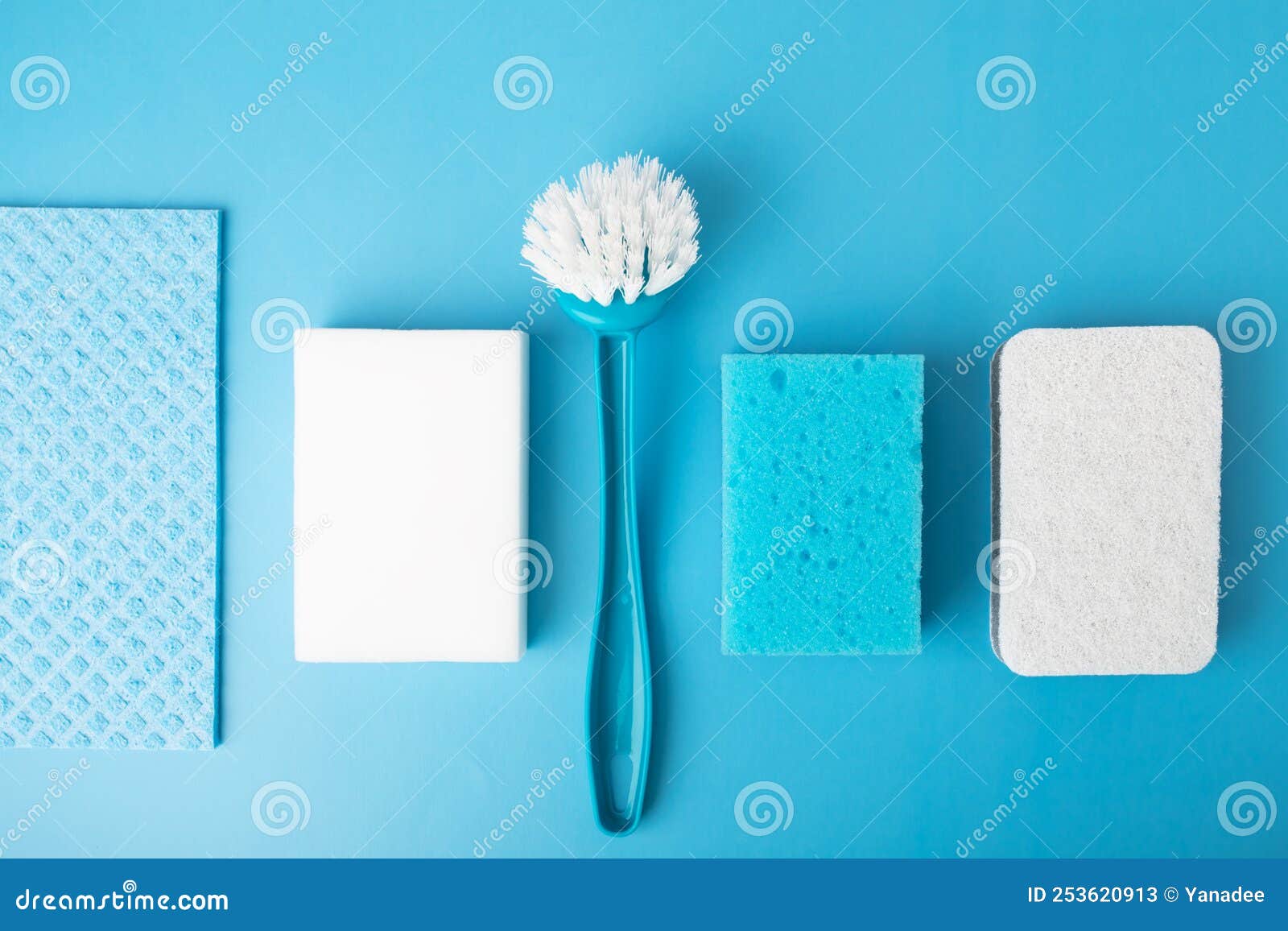 Cleaning and Housekeeping, Washing Tools, Brush Sponge and Rag on Blue ...