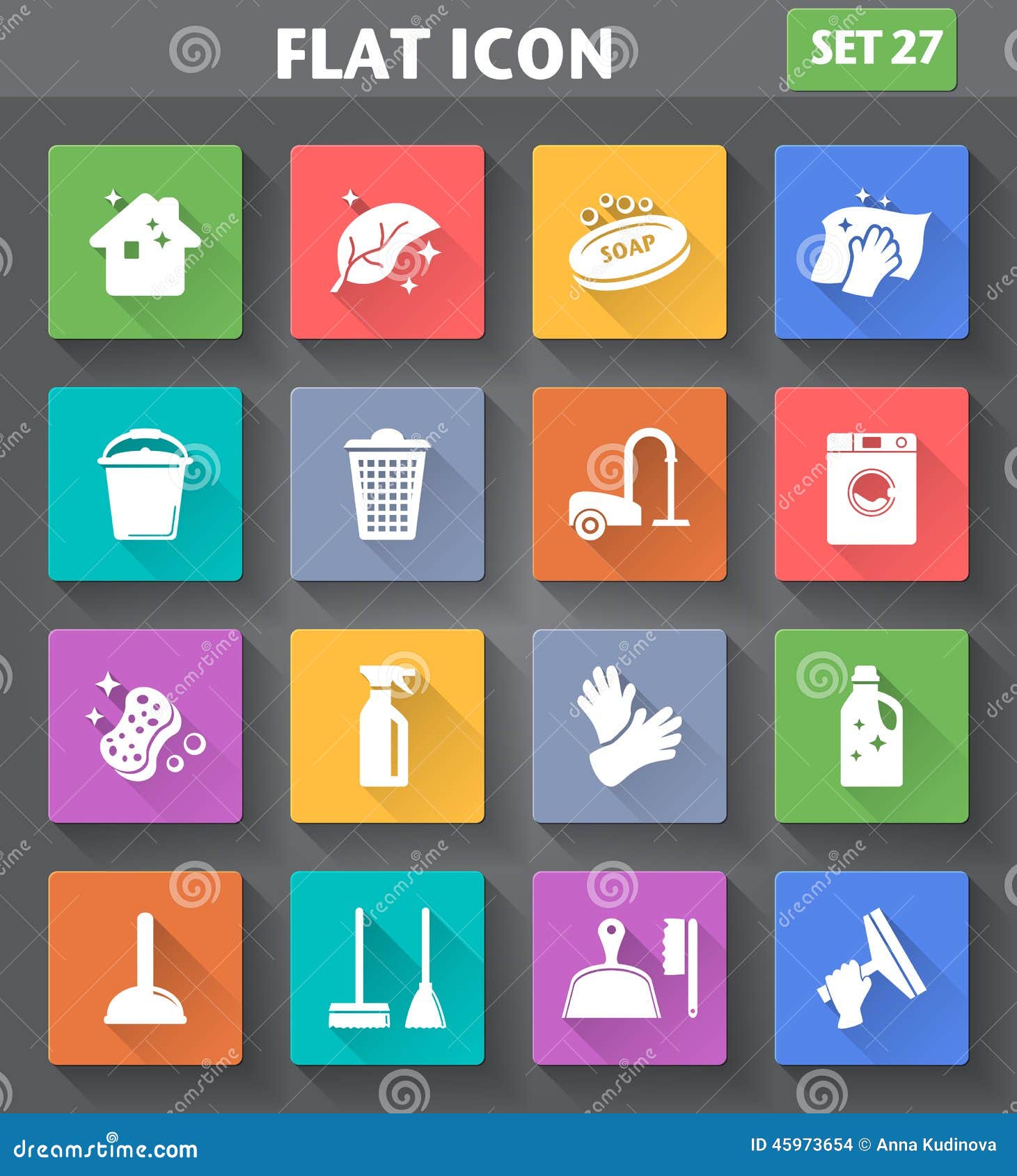 Cleaning Icons Set in Flat Style with Long Shadows. Stock Vector ...
