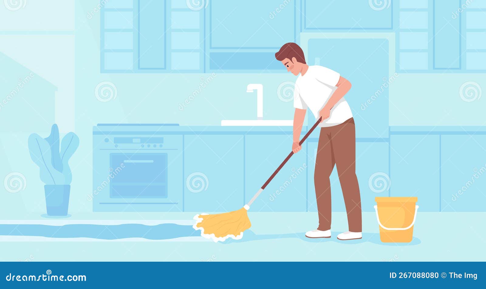 Cleaning Kitchen Floor at Home Flat Color Vector Illustration Stock ...