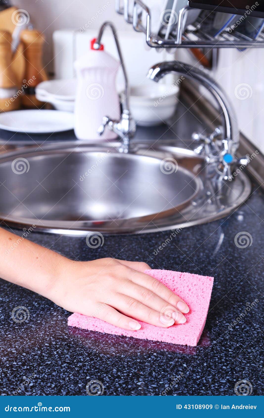 Cleaning Kitchen with a Red Sponge Stock Image - Image of chemical ...