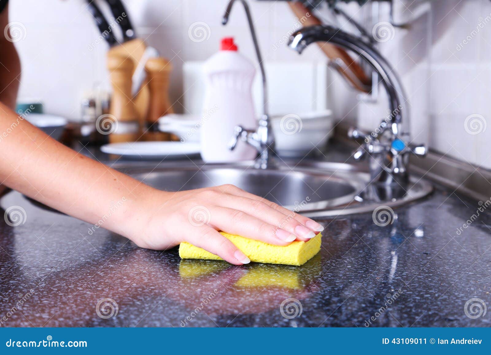 Cleaning Kitchen with Yellow Sponge Stock Image - Image of sponge ...