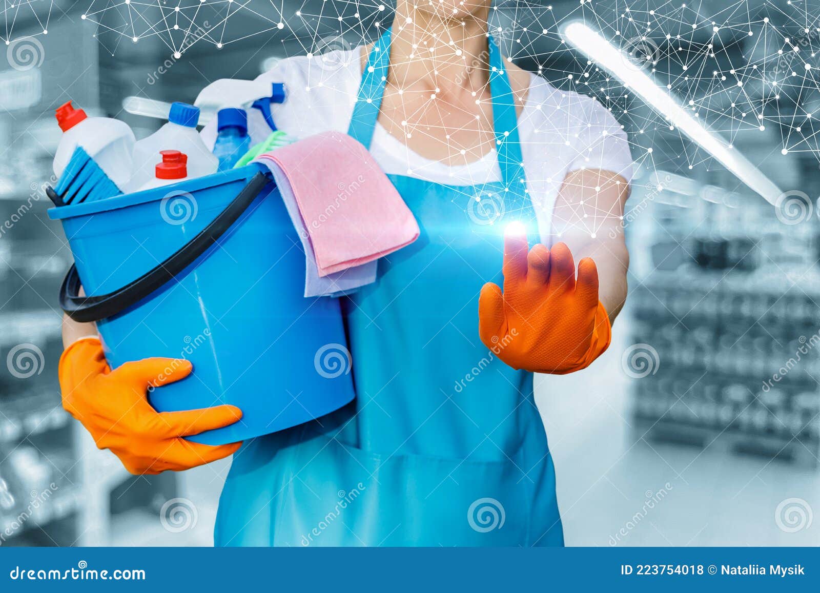 Cleaning Lady Click into a Network of Connections Stock Photo - Image ...