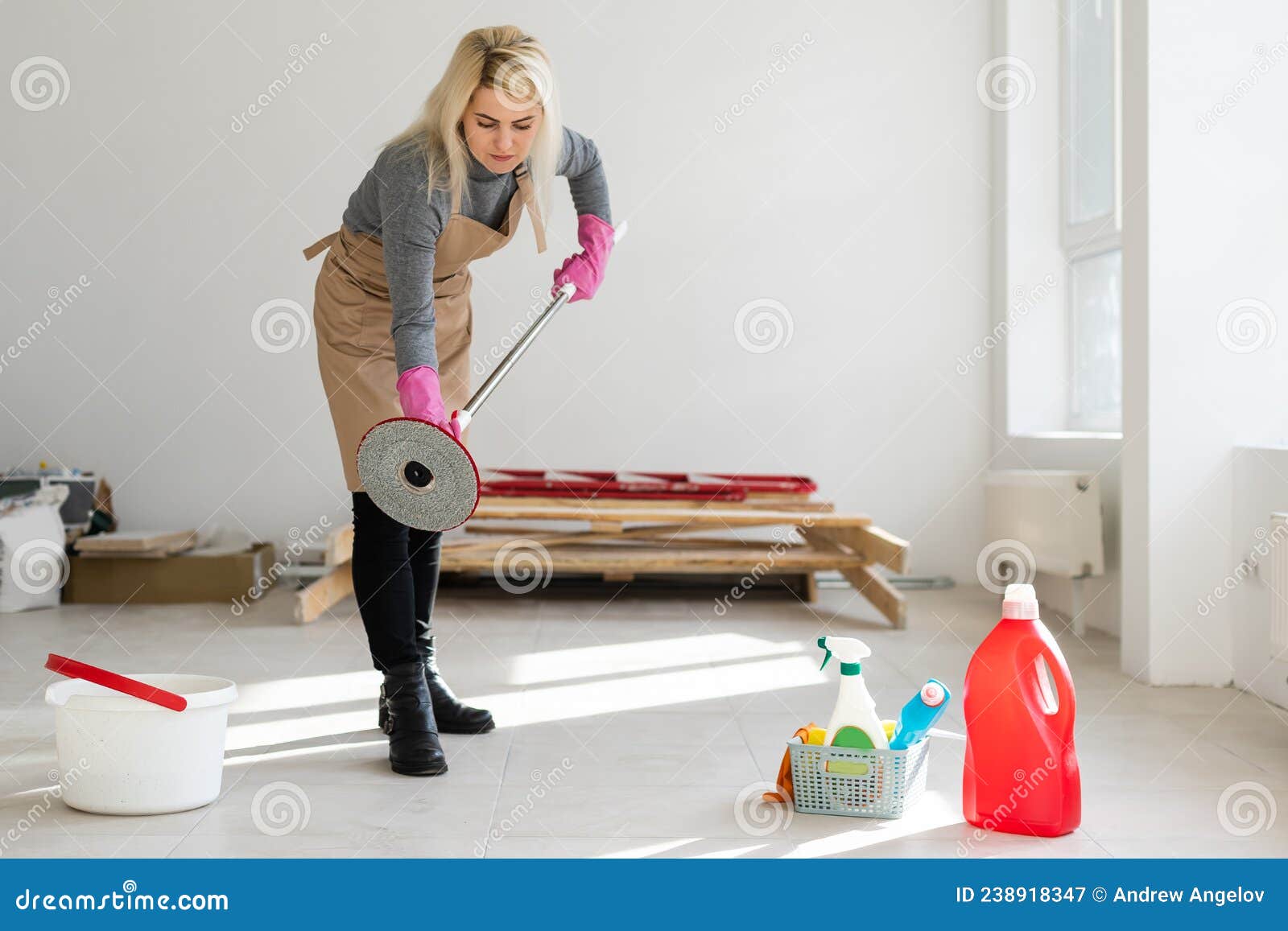 Cleaning Lady in Room after Renovation Stock Image - Image of floor ...