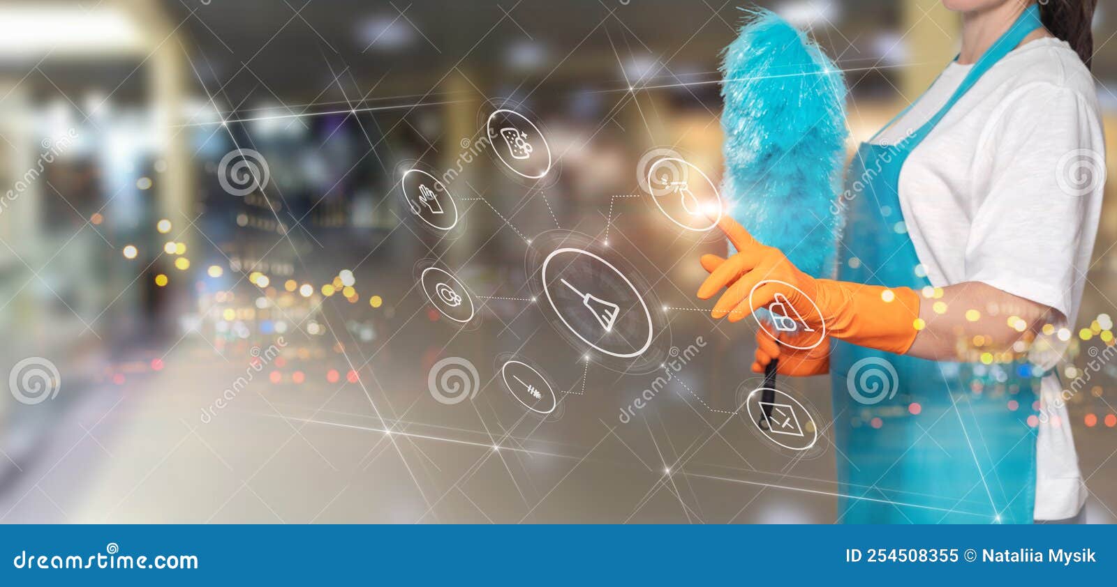 Cleaning Lady Working in Virtual Computer Screen Stock Image - Image of ...