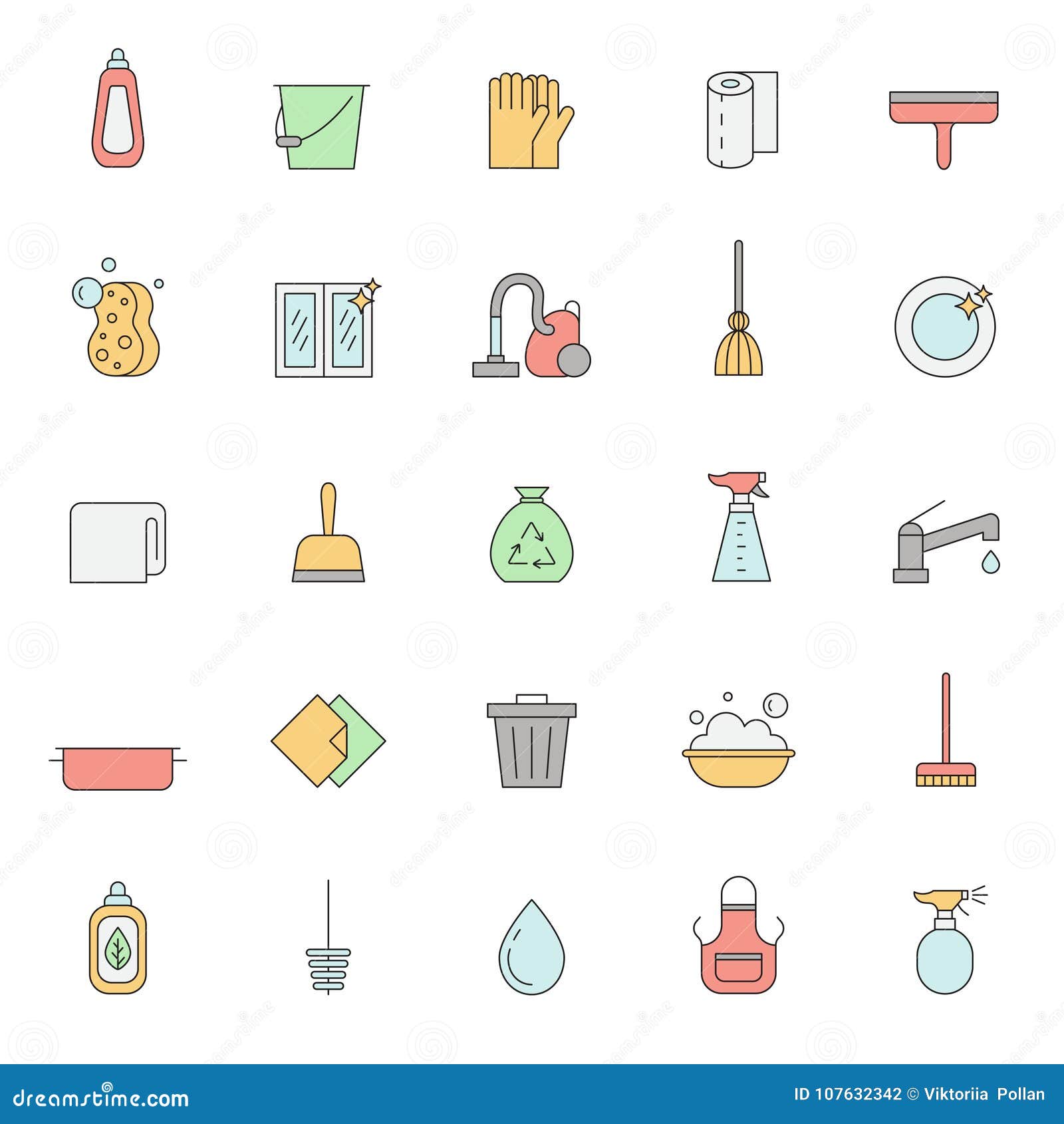 Cleaning Outline Multicolored Vector Icon Set. Stock Vector ...