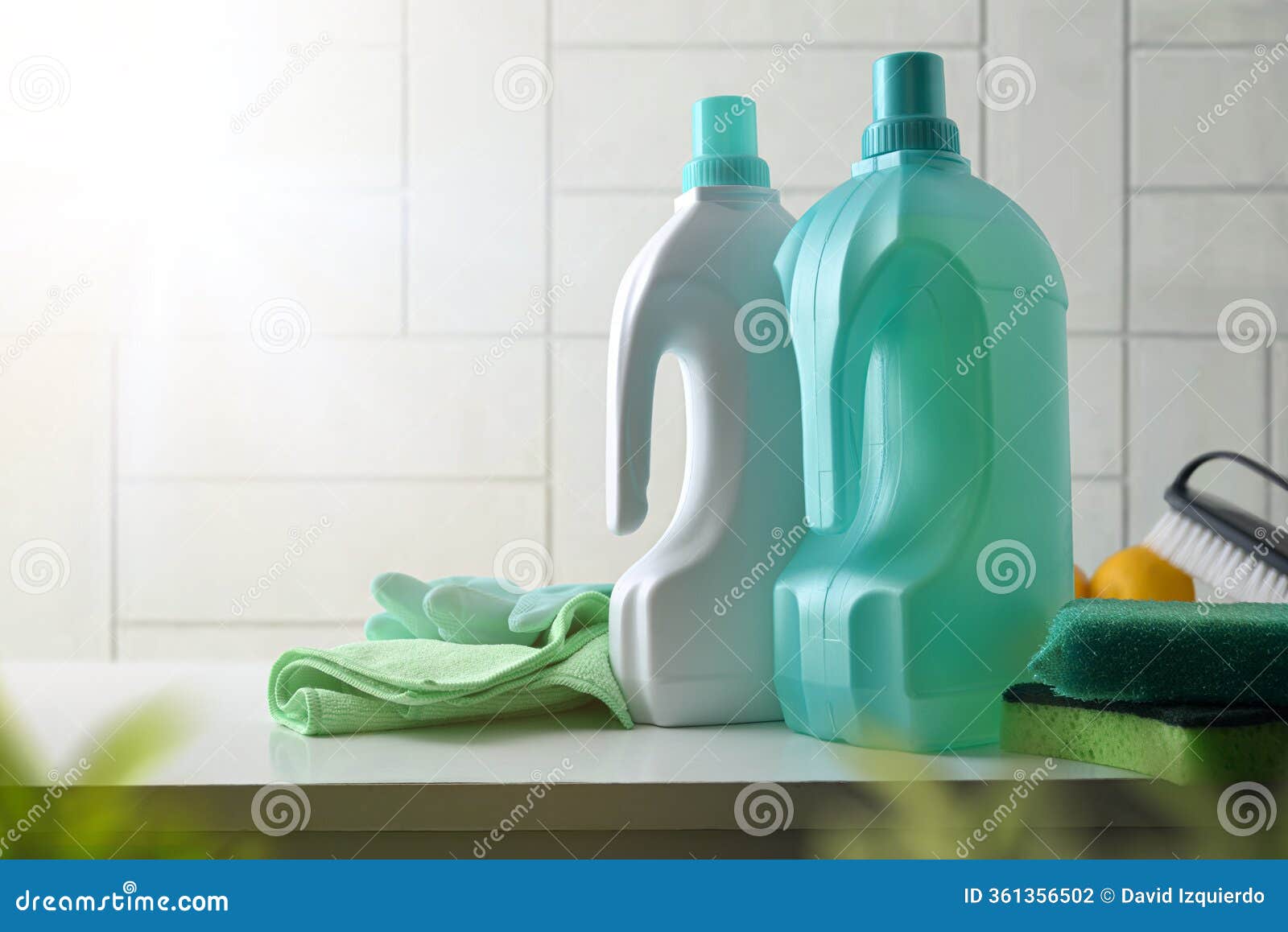 Cleaning Products on Bench and Light Colored Tiles in Background Stock ...