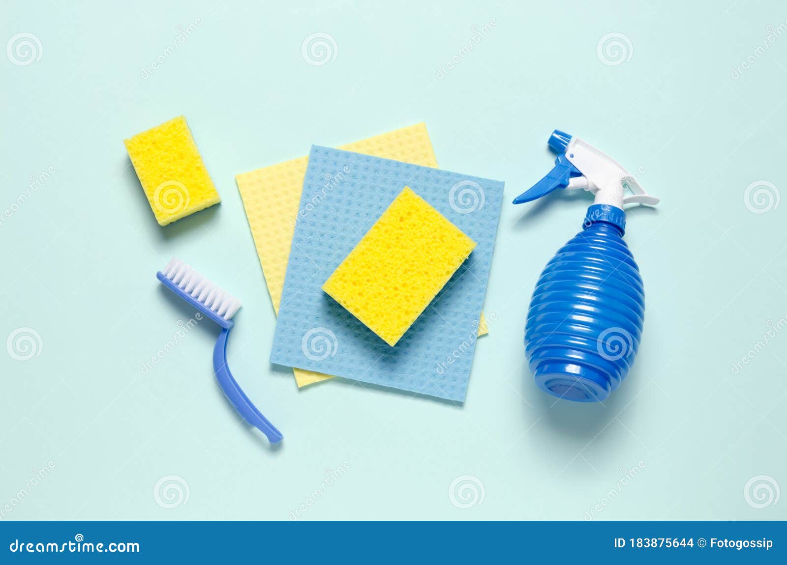 Cleaning Products on Blue Background. Flat Lay Stock Photo - Image of ...