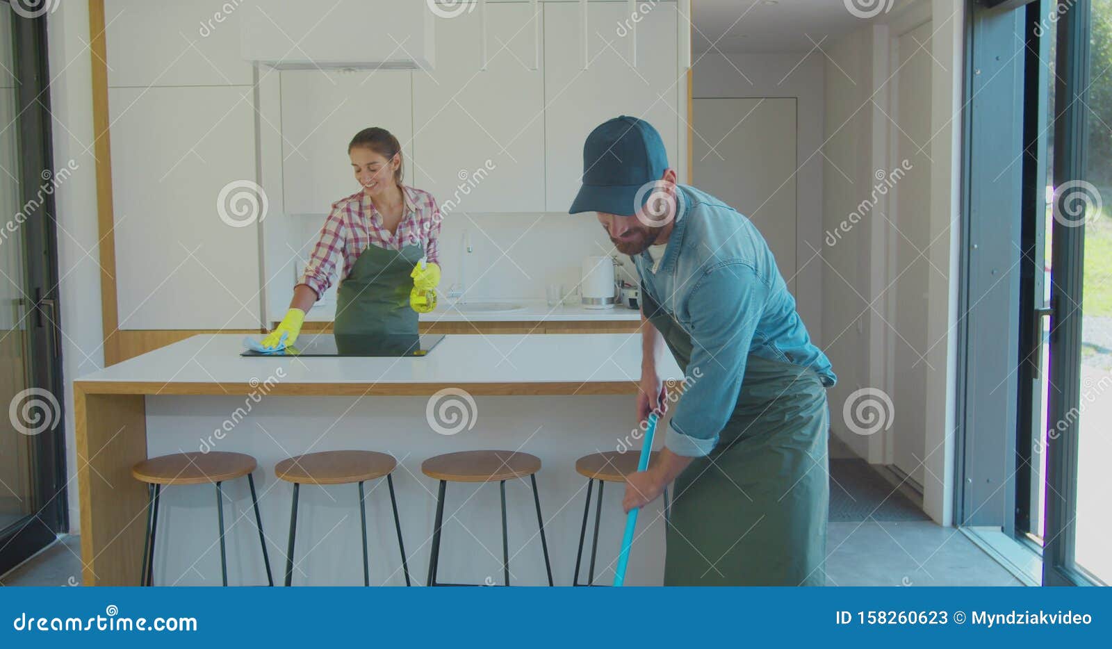 Cleaning Service Team at Work in Kitchen. Stock Image - Image of gloves ...