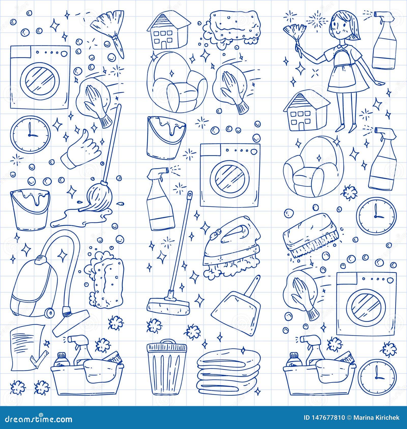 Cleaning Services Company Vector Monochrome Pattern on Blue Background ...