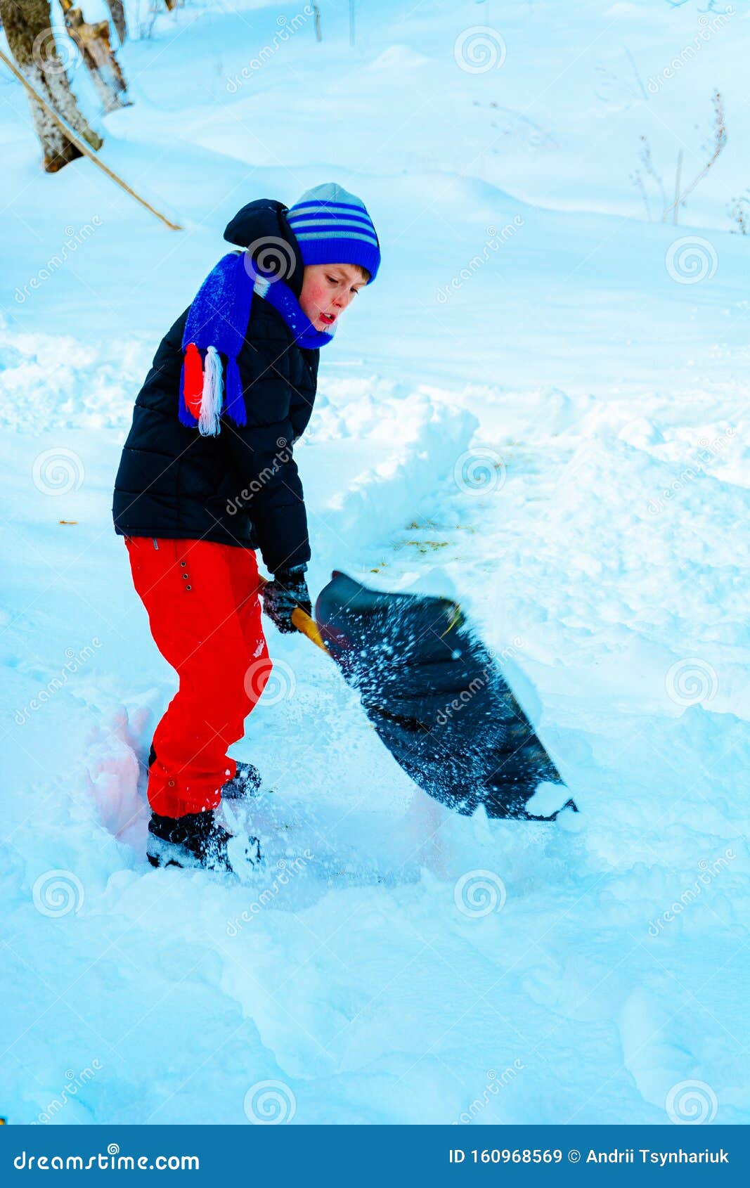 Cleaning Snow in Winter, the Boy Shovels Snow Stock Image - Image of ...
