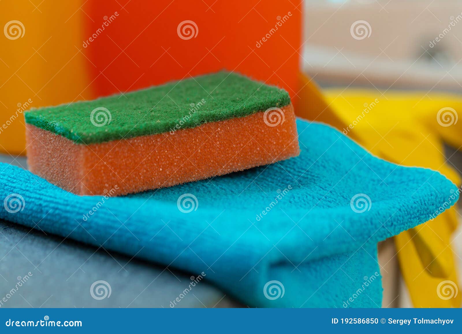 Cleaning Sponge and Rag on Kitchen Counter Stock Photo - Image of spray ...