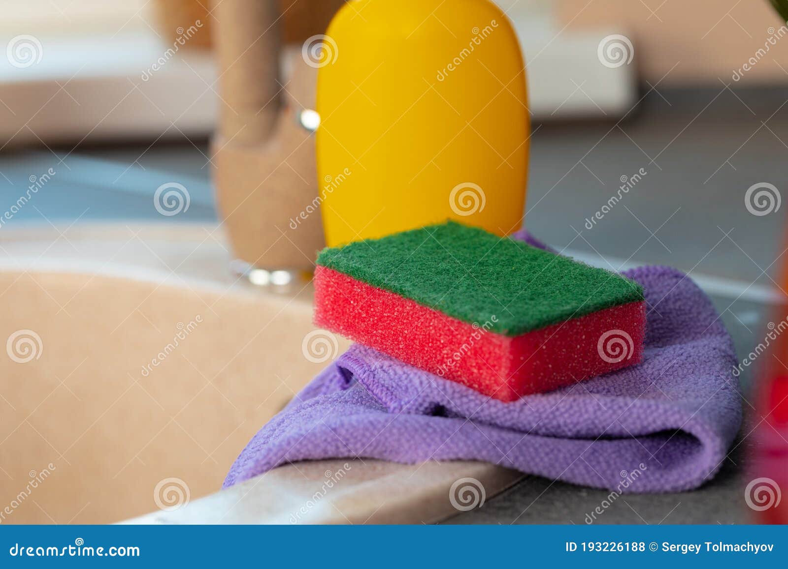 Cleaning Sponge and Rag on Kitchen Counter Stock Photo - Image of ...