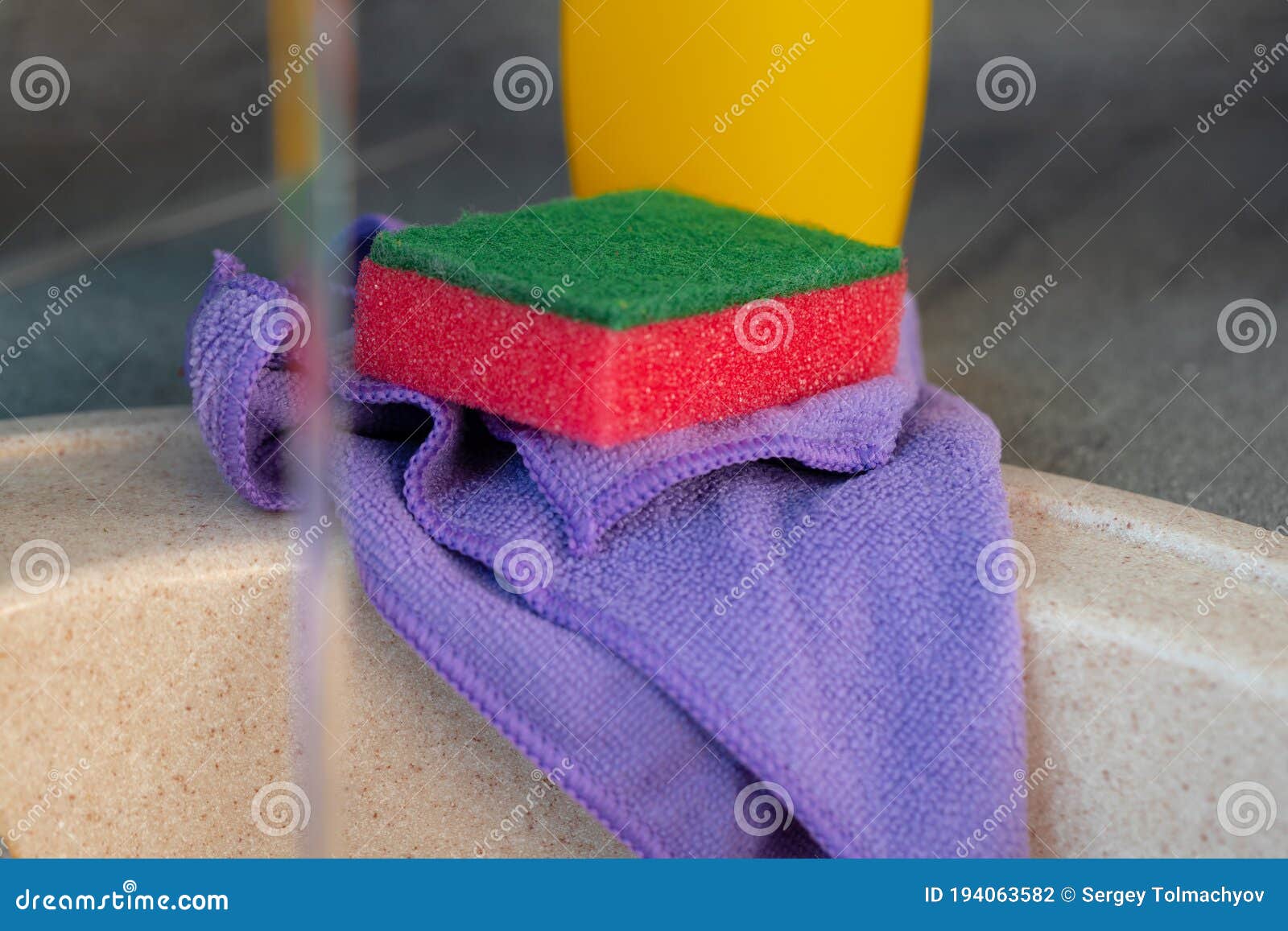 Cleaning Sponge and Rag on Kitchen Counter Stock Photo - Image of ...