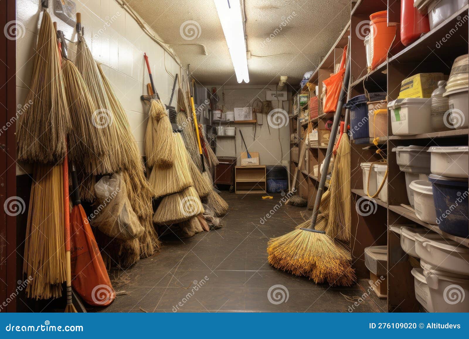 A Cleaning Supply Closet, Filled with Mops and Brooms Stock ...