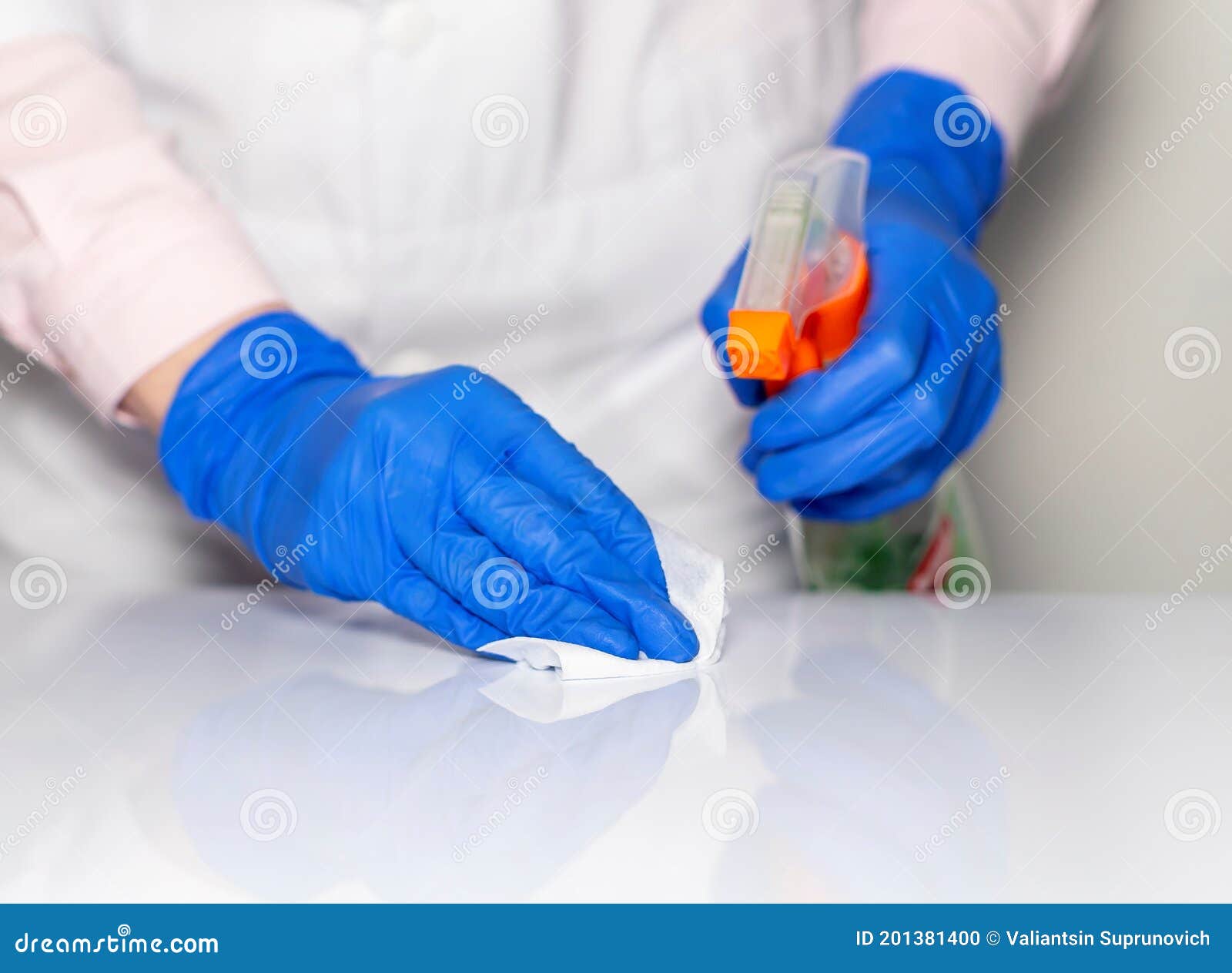 Cleaning Table with Disinfectant Spray and Microfiber Close Up for ...