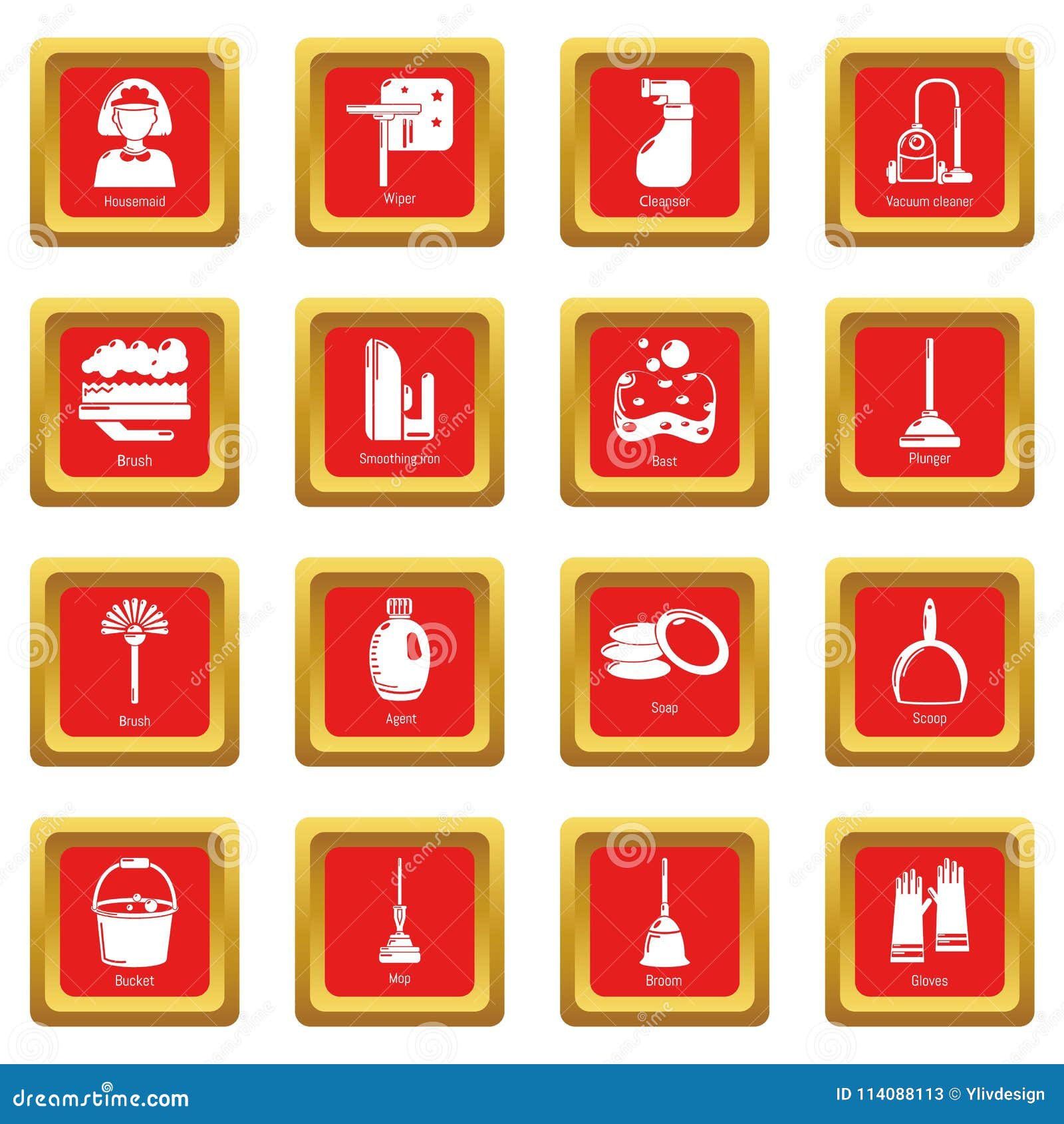 Cleaning Tools Icons Set Red Square Vector Stock Vector - Illustration ...