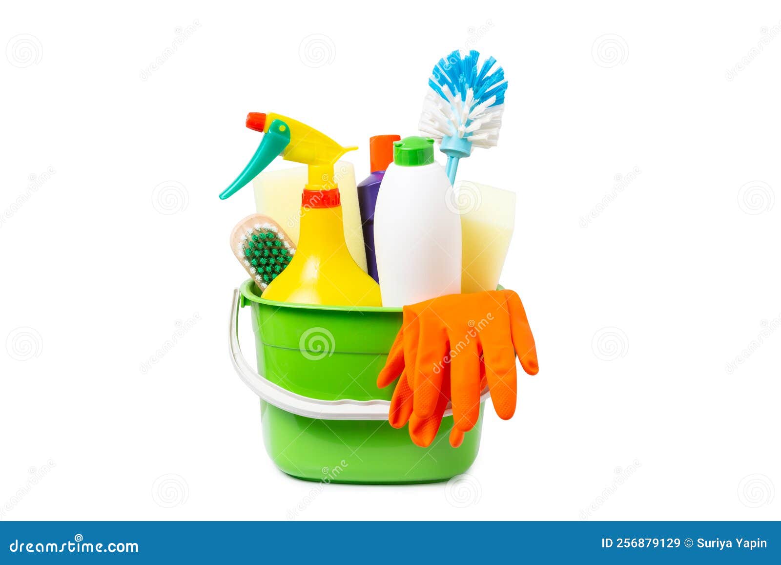 Cleaning Tools and Products in Bucket Isolated on White Background ...