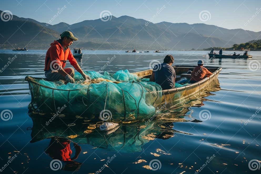 Cleaning Up the Ocean. Ship with Net Removing Plastic and Debris ...