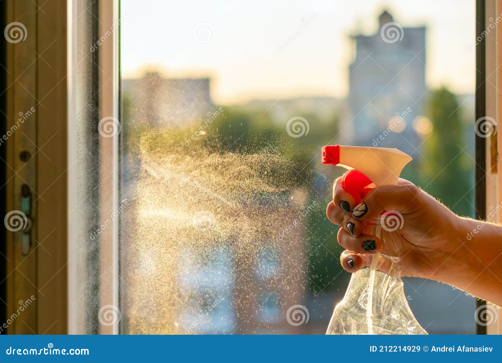 Cleaning Window Glass with a Spray Detergent Stock Image - Image of ...