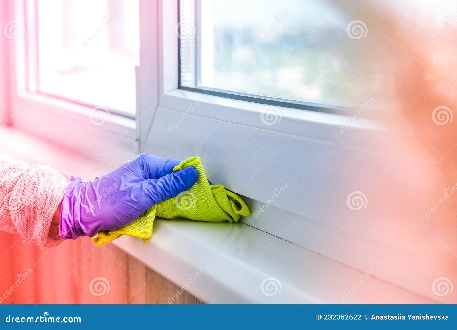 Cleaning the Windowsill Wiping Dust by Blue Microfiber Cloth for ...
