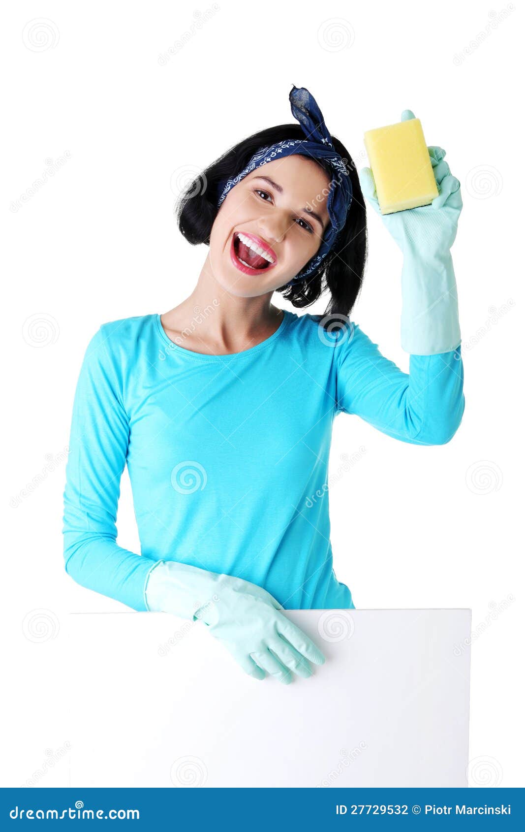 Cleaning Woman Showing Blank Sign Board. Stock Photo - Image of ...