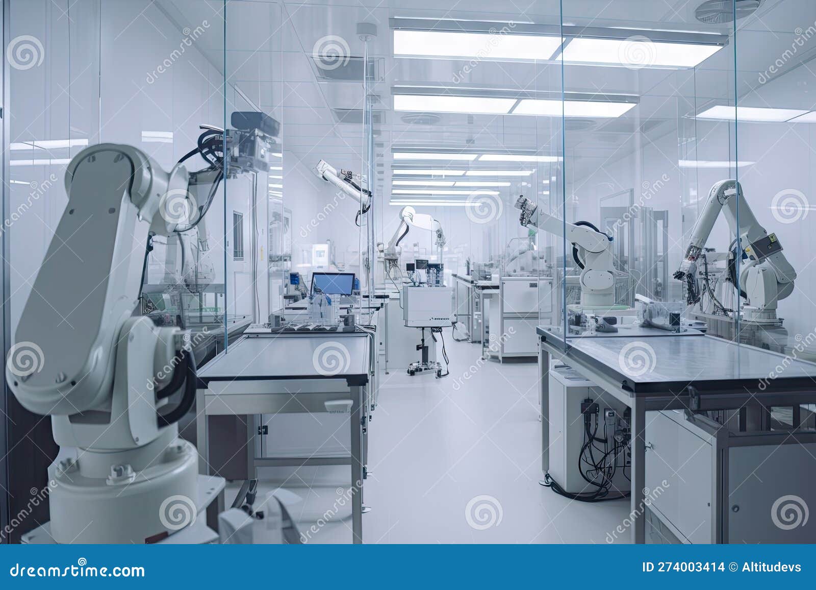 Cleanroom with Robotic Arms and Hands Working on Delicate Electronic ...