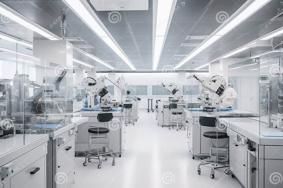 Cleanroom with Robotic Arms and Hands Working on Delicate Electronic ...