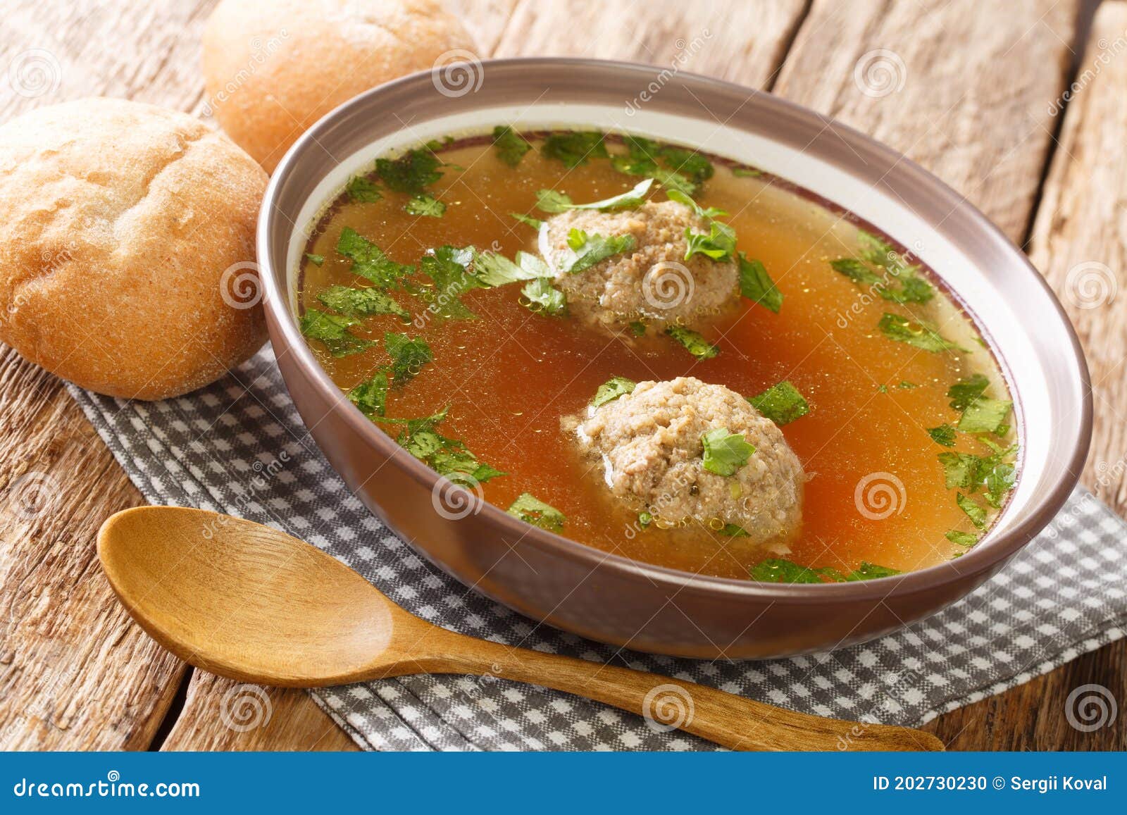 Clear Beef Broth with Liver Dumplings Close Up in a Dish. Horizontal ...