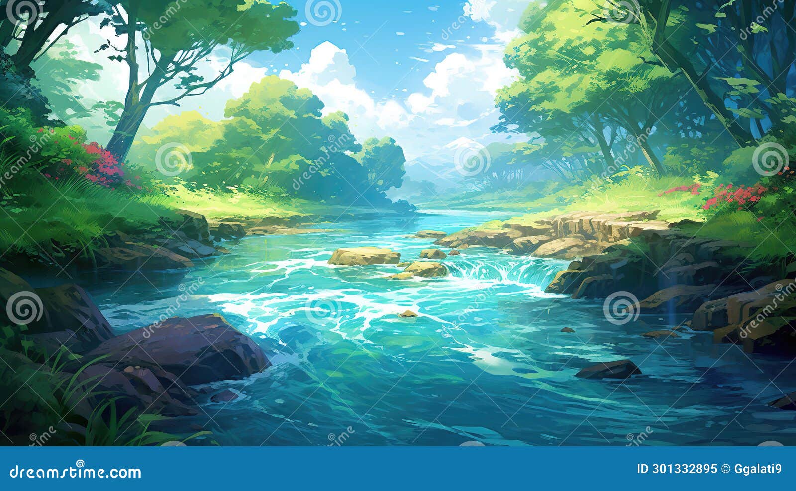 A Clear Blue Inspired Flowing River in a Forest, Anime Artwork Stock ...